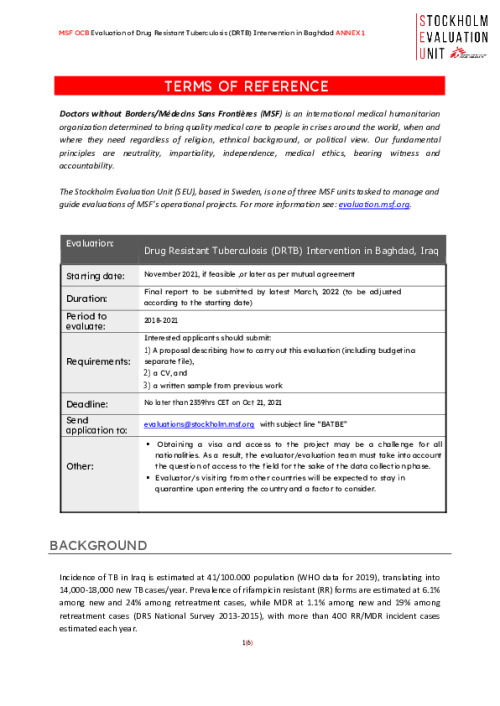 Evaluation of Drug Resistant Tuberculosis (DRTB) Intervention, in Baghdad, Iraq | MSF ...